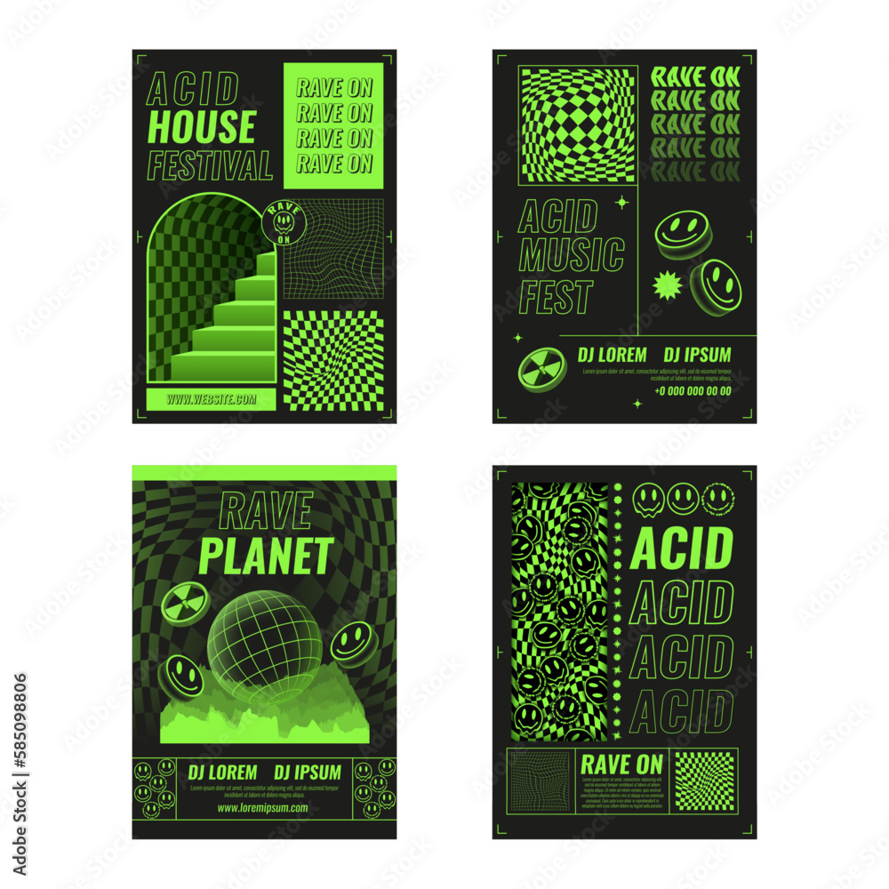 Rave music, acid trippy posters. Retro smile psychedelic rave party, 3d ...