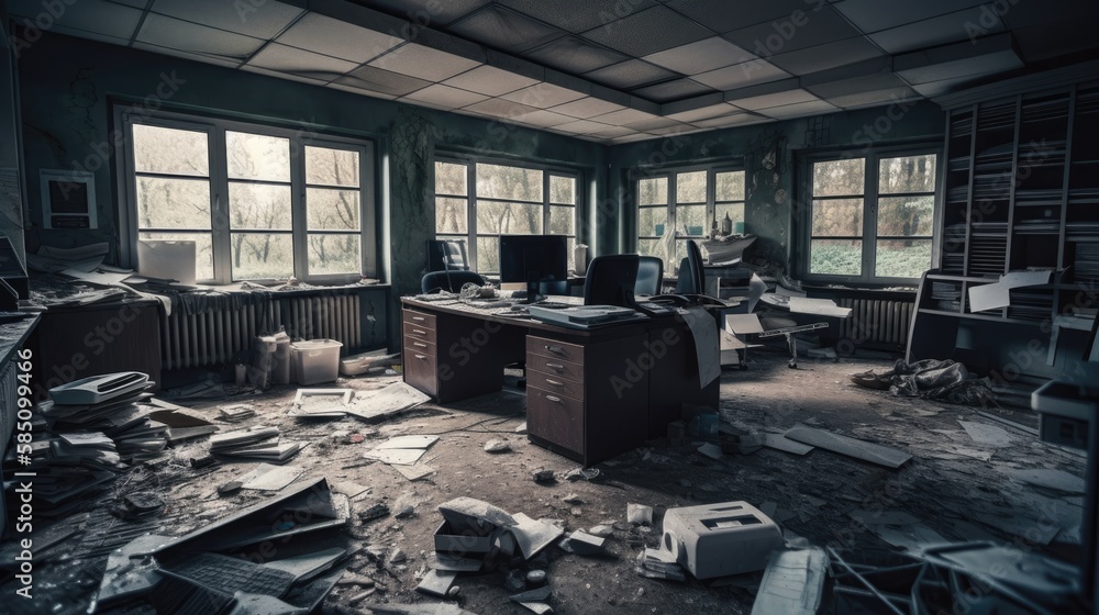 Abandoned Modern Office with Scattered Equipment and Debris. Mystic and ...