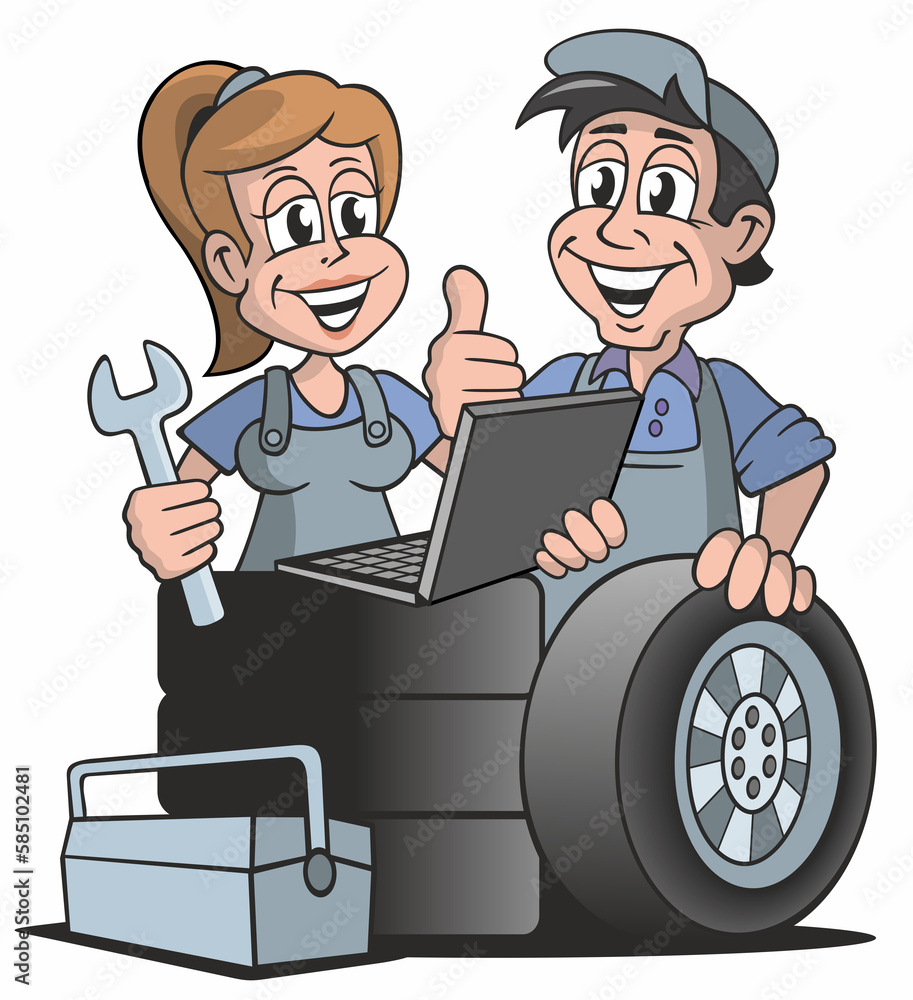 Cartoon - Kfz-Mechaniker Team, Mann und Frau mit Computer, Reifen und ...