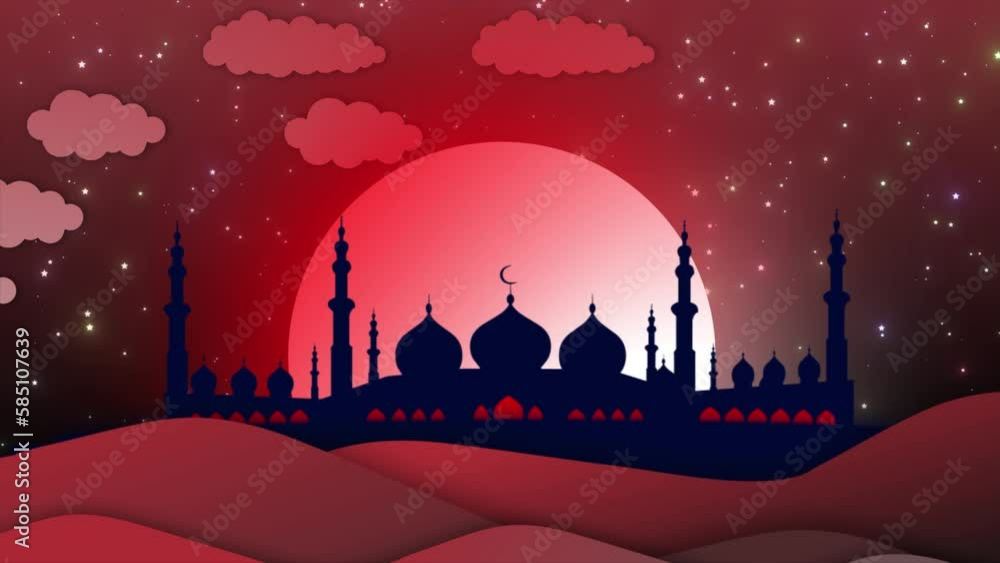 Cloud Moving and star glowing in the sky and Silhouette mosque animated ...
