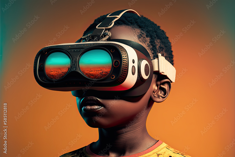 Kids and Metaverse, Black African Child with VR headset in fantasy ...