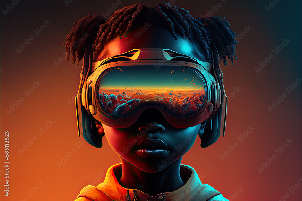 Kids and Metaverse, Black African Child with VR headset in fantasy ...