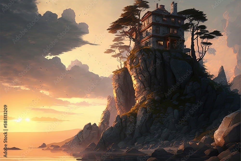 House on the rock. Kartun, view from the side, by the sea. Illustration ...