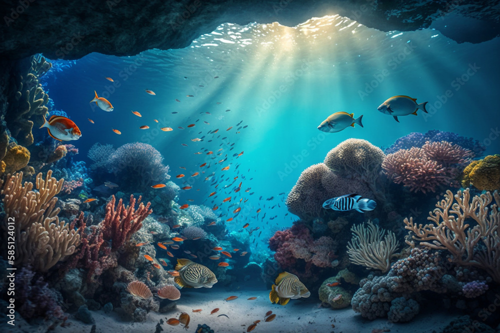 Deep underwater in rays of light, beautiful underwater, shine organic ...