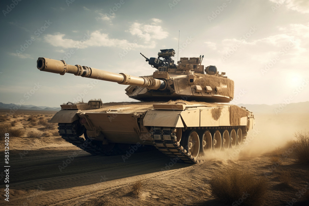 Military or army heavy tank ready to attack moving over a deserted ...