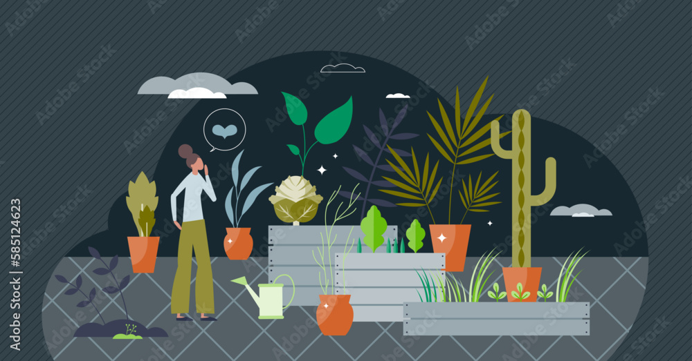 Container gardening as plant growth in raised wooden beds tiny person ...