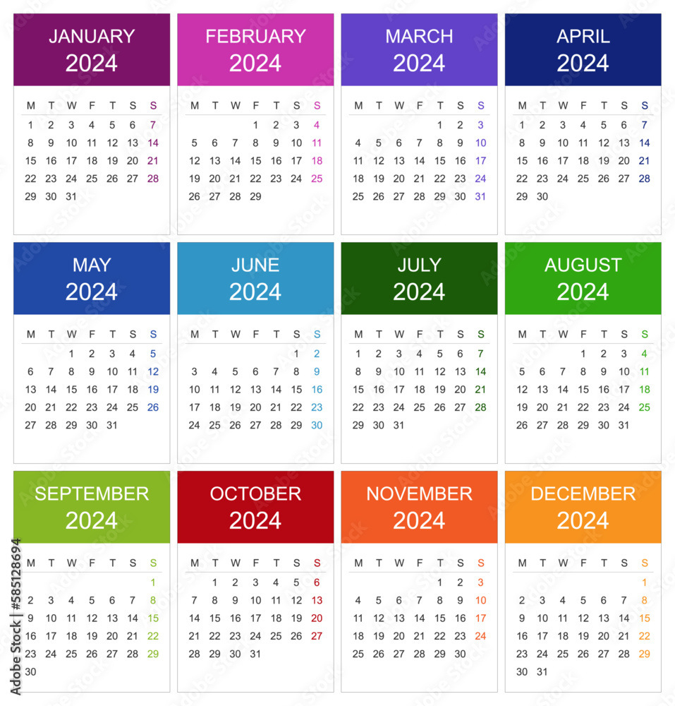 Modèle de calendrier 2024 pour agenda avec une page par mois - Textes ...