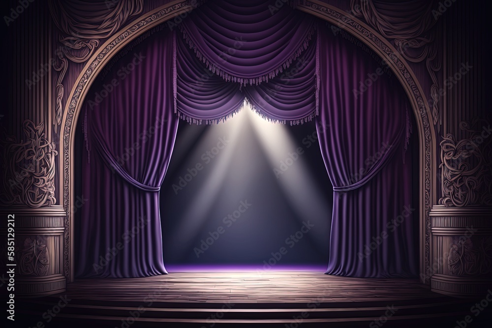 empty musical theater stage with purple curtains Show Spotlight on ...