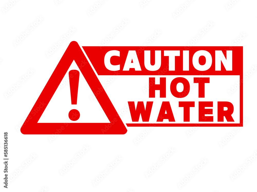 Caution hot water, Warning triangle sign. Text by side with white and ...