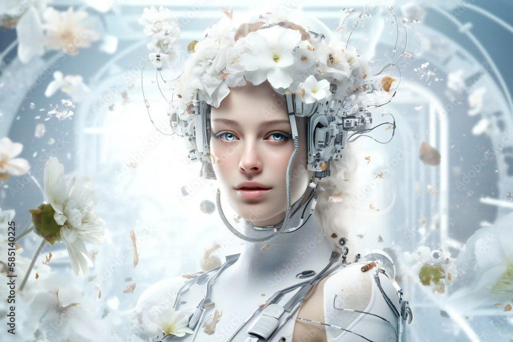 Illustration of a beautiful female white android head. Robotic and ...