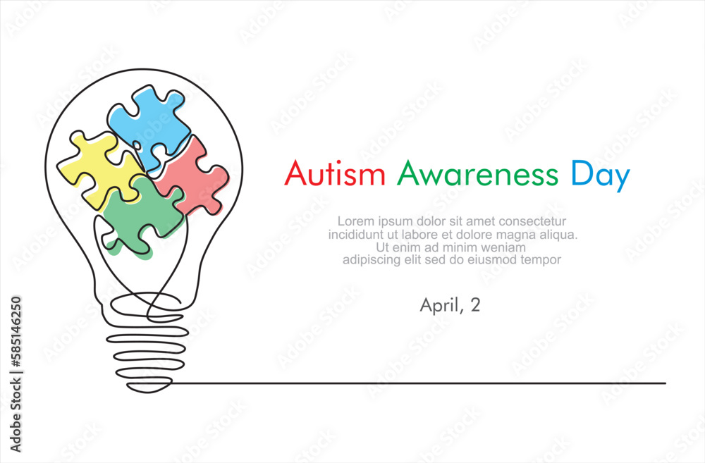 Continuous one line drawing of light bulb and puzzle. Autism awareness ...