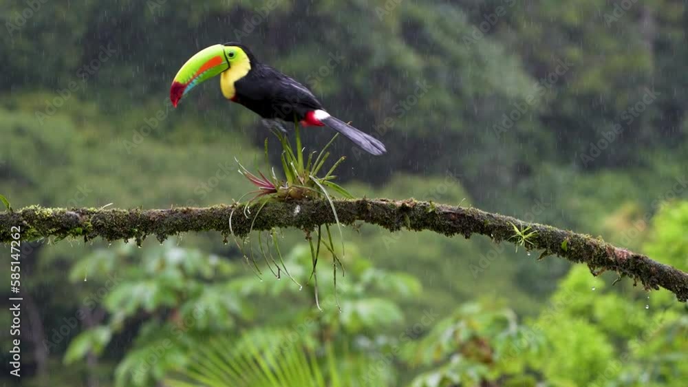 Vibrant and Colorful Keel-billed toucan, Ramphastos sulfuratus, jumping ...