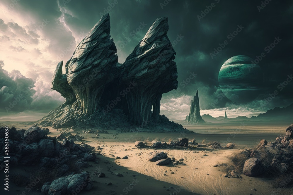 A surreal snapshot of a desolate, alien landscape, featuring bizarre ...
