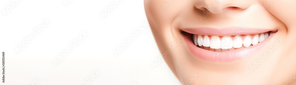 Banner tooth whitening, perfect white teeth close up bleach color, female veneer smile, dental ...