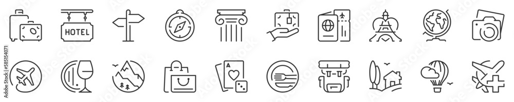 Travel, tourism and destinations thin line icon set 1 of 2. Symbol ...