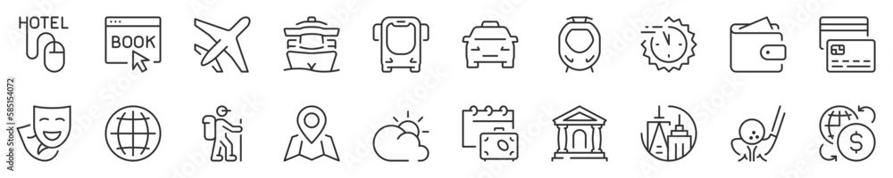 Travel, tourism and destinations thin line icon set 2 of 2. Symbol ...