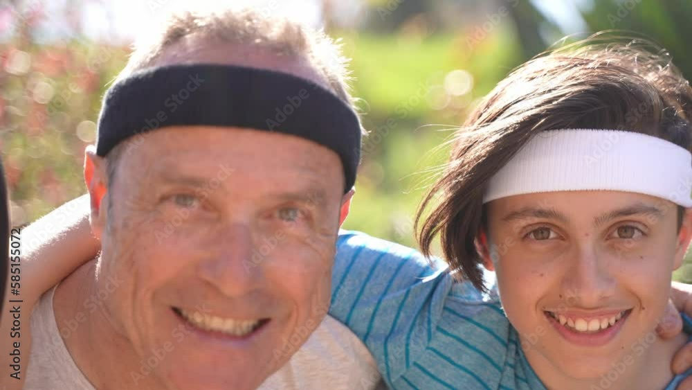 Funny portrait of a family of a happy smiling grandfather and a ...