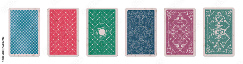 Set of illustrated playing card back designs, aged, stained and damaged ...