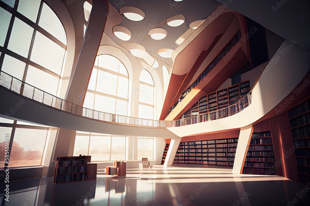 present-day library, surrounded by modern and sleek architecture, ready ...