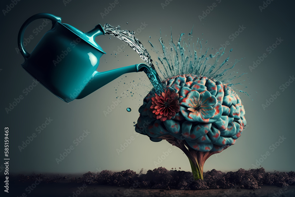 Human brain growing from a flower, watering can is pouring water on the mind. Positive mind ...
