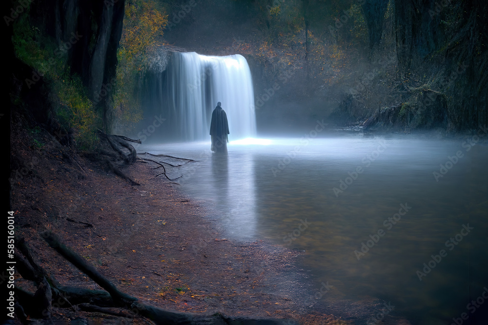 Generative AI: A ghostly cloaked figure emerges from a waterfall, hidden deep in a mystical ...
