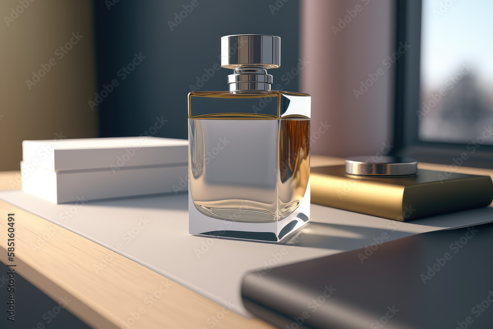 Square simple glass perfume bottle. A product design mockup, a label ...