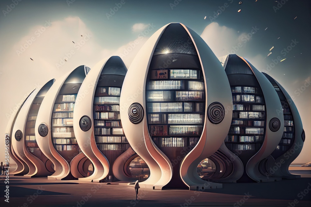 futuristic library with rows of futuristic pods, each containing books ...
