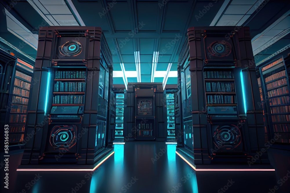 futuristic library with rows of futuristic pods, each containing books ...
