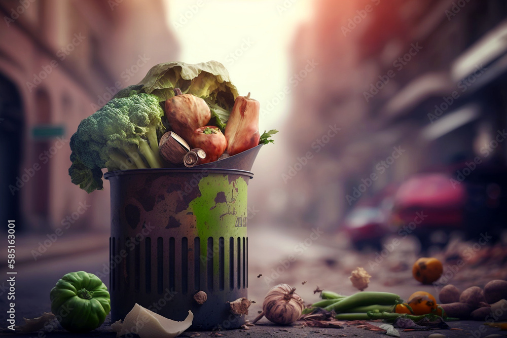 Uneaten unused spoiled vegetables thrown in the trash container. Food ...