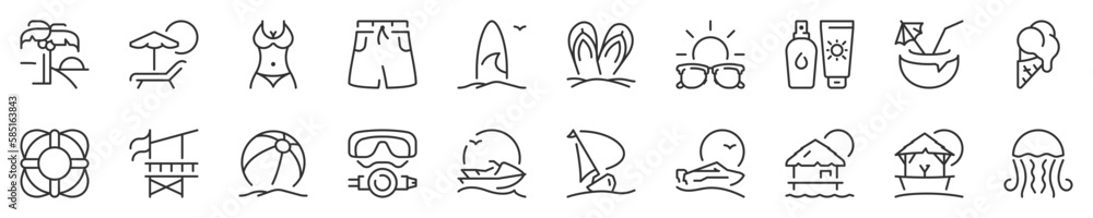 Beach activities and summer thin line icon set. Symbol collection in ...
