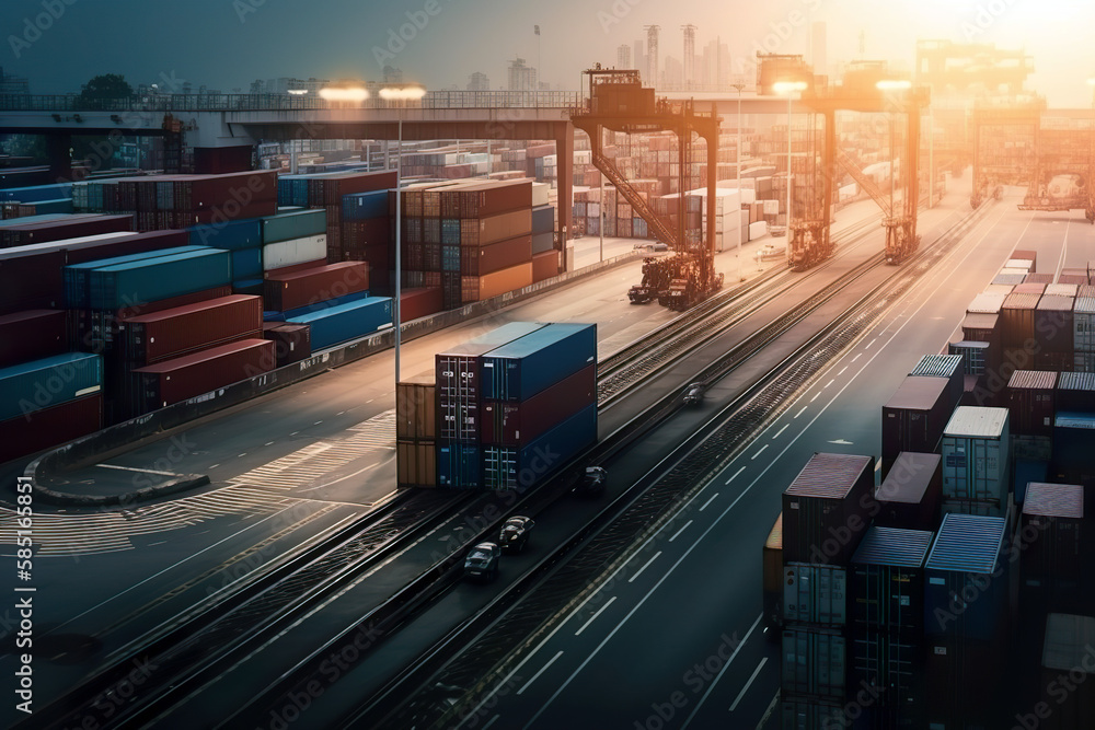 Container storage at the port using modern technology at night. Cargo ...