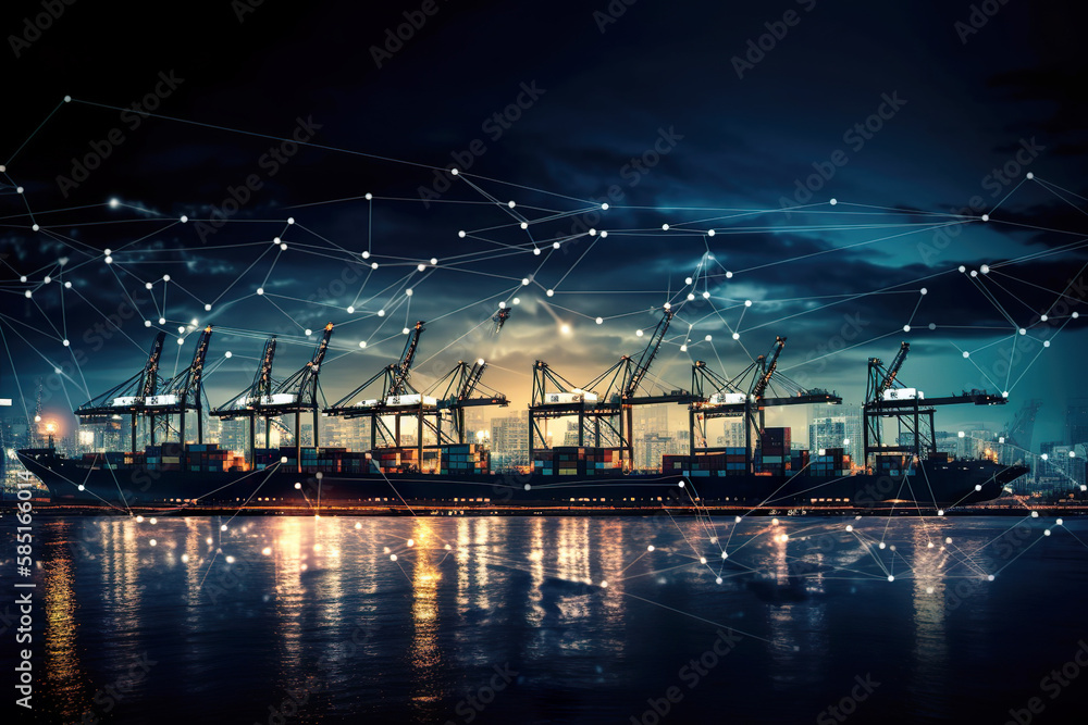 Container storage at the port using modern technology at night. Cargo ...