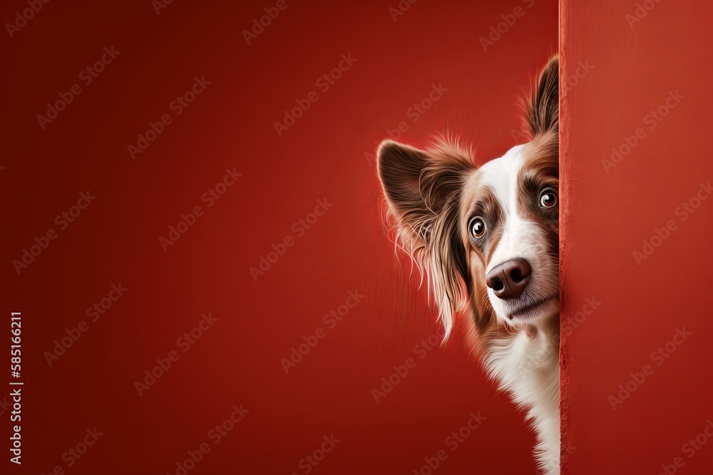 Dog peeking behind a corner. Red background with blank space for text ...