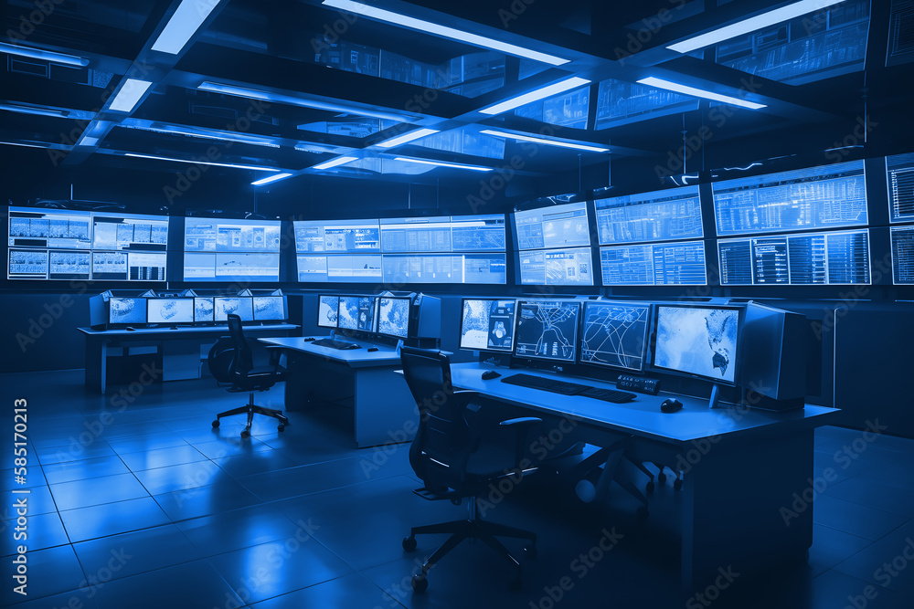 Empty interior of big modern security system control room, workstation with multiple displays ...