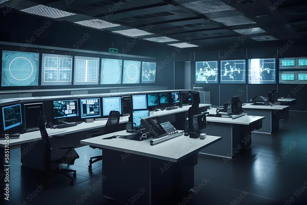 Empty interior of big modern security system control room, workstation ...