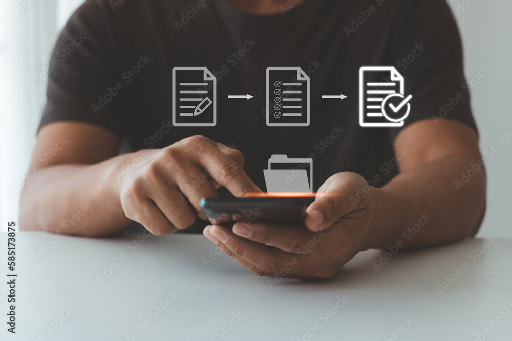 Business people using mobile phone to edit and tick mark on virtual ...