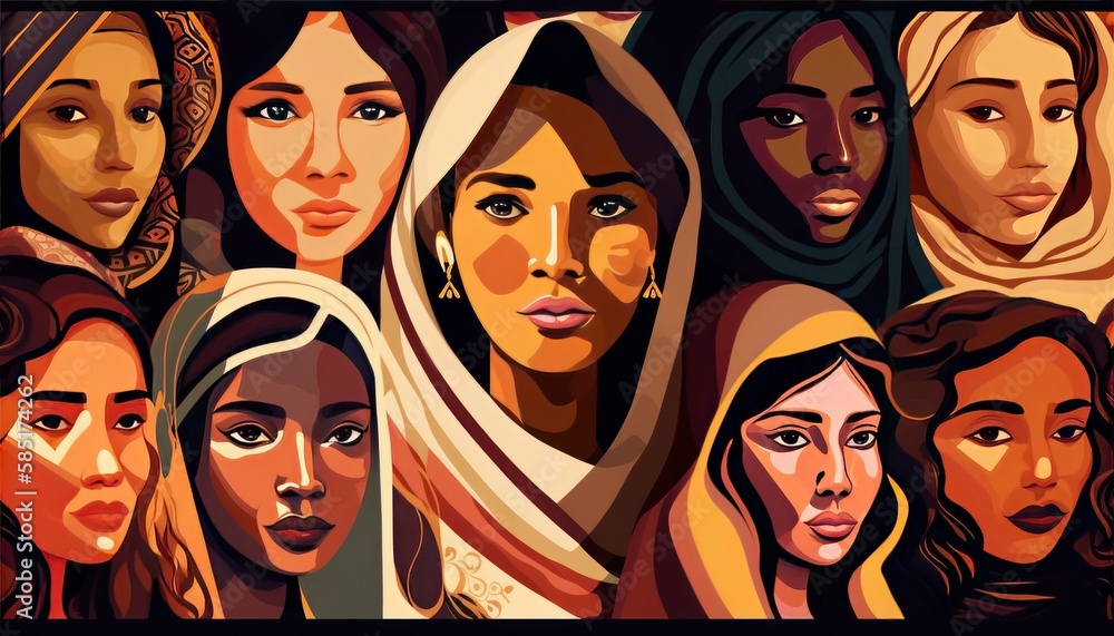 group of people in colors, women face portraits illustration seamless ...