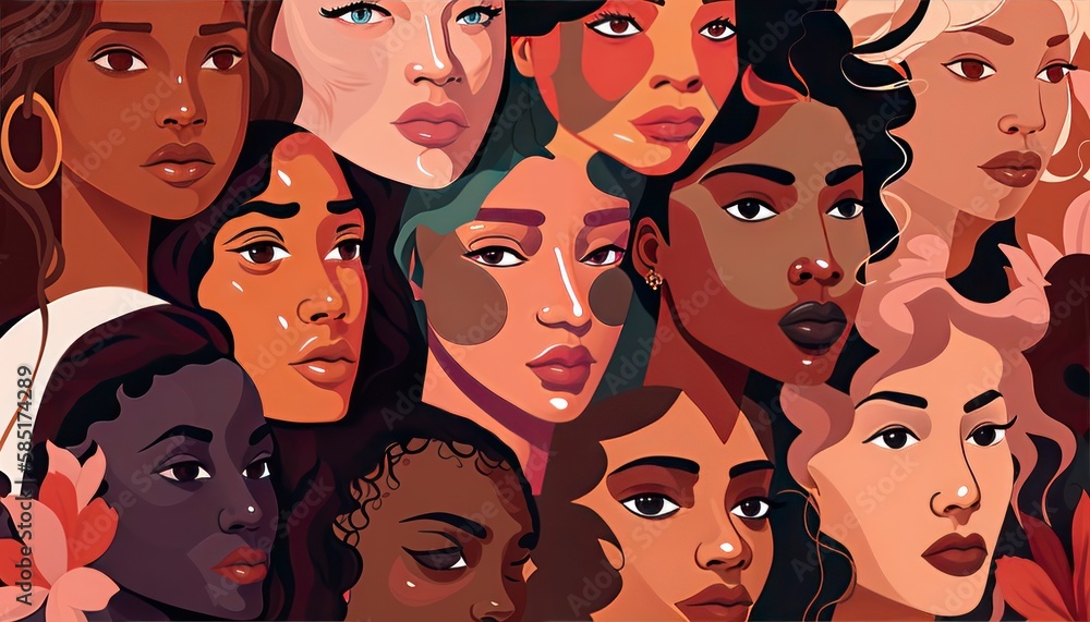 group of people in colors, women face portraits illustration seamless ...