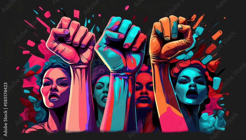 hands and fists in the air with crowd background illustration, power symbol, women marching ...