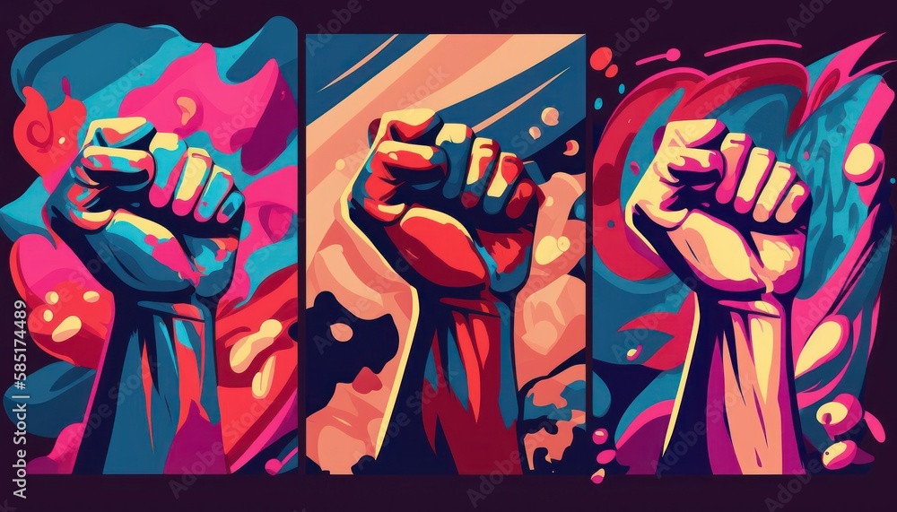 hands and fists in the air with crowd background illustration, power symbol, women marching ...