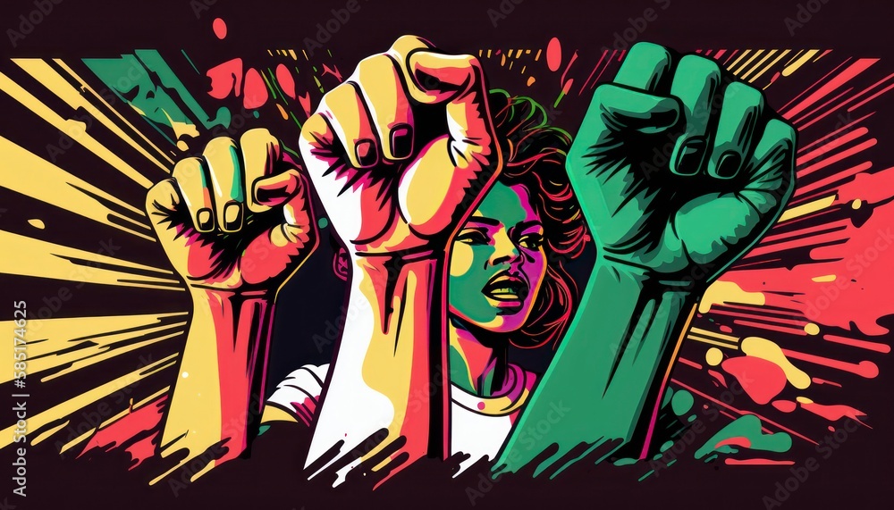 hands and fists in the air with crowd background illustration, power symbol, women marching ...