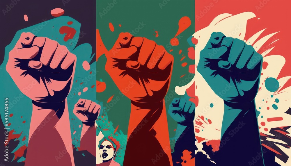 hands and fists in the air with crowd background illustration, power symbol, women marching ...