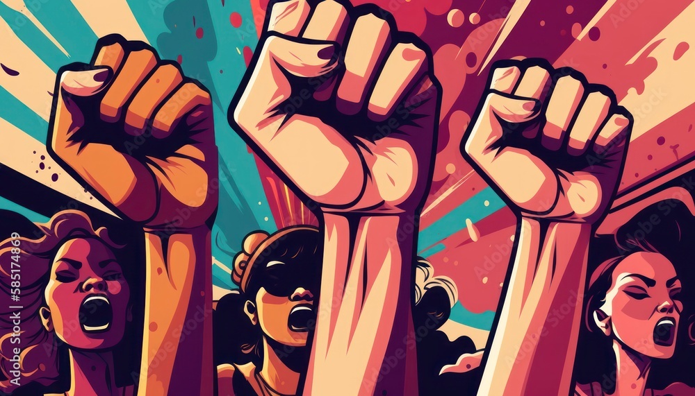 hands and fists in the air with crowd background illustration, power symbol, women marching ...