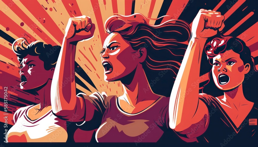 hands and fists in the air with crowd background illustration, power symbol, women marching ...