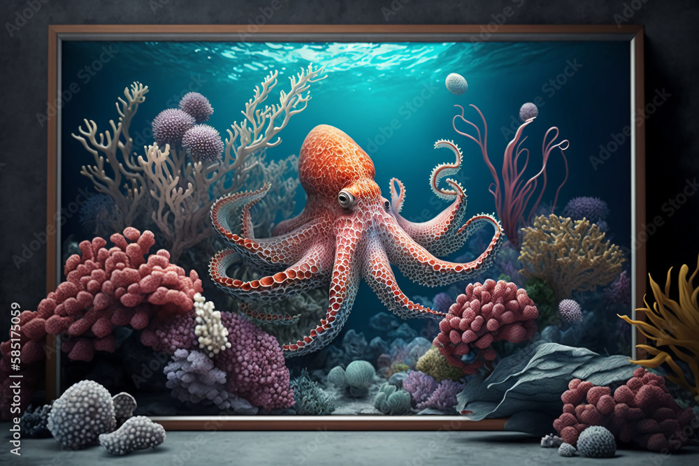 octopus in the aquarium: A premium illustration giant Octopus and coral ...
