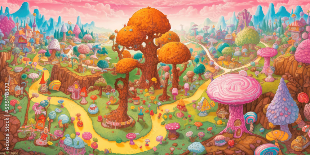 Candy land filled with sugar-spun trees, gumdrop hills, and rivers of ...
