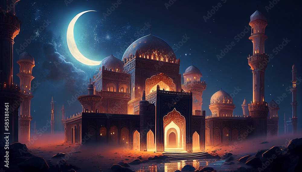 mosque at night in the fantasy world. (AI generated) Stock Illustration ...