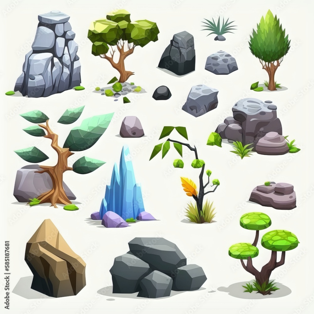 Tree, rock game assets sprite, concept art, jungle, nature. Generative ...