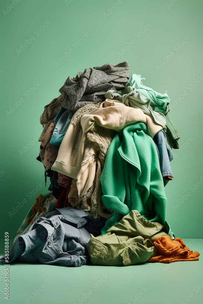 big stack of unwashed and unironed clothes, isolated on a light green ...
