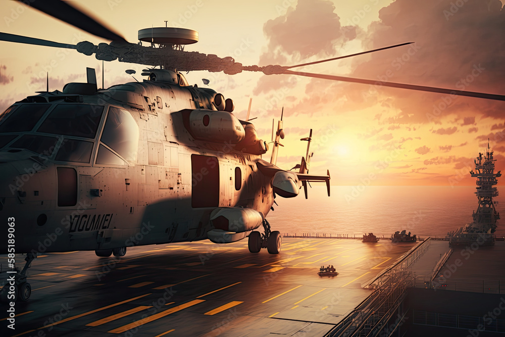 Military helicopter on warship board at sunset. Navy helicopter on ...